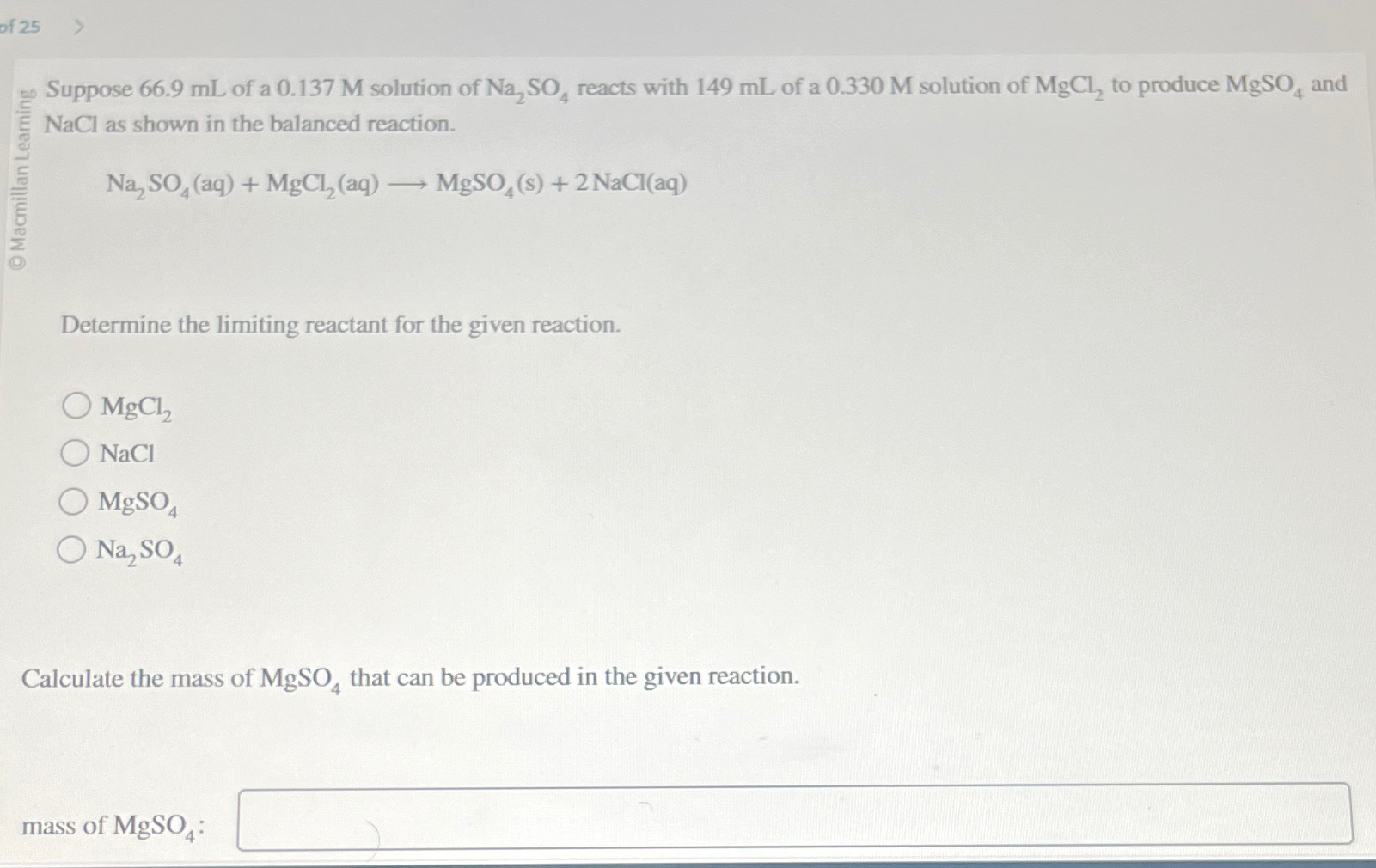 Solved Suppose 66.9mL ﻿of a 0.137M ﻿solution of Na2SO4 | Chegg.com