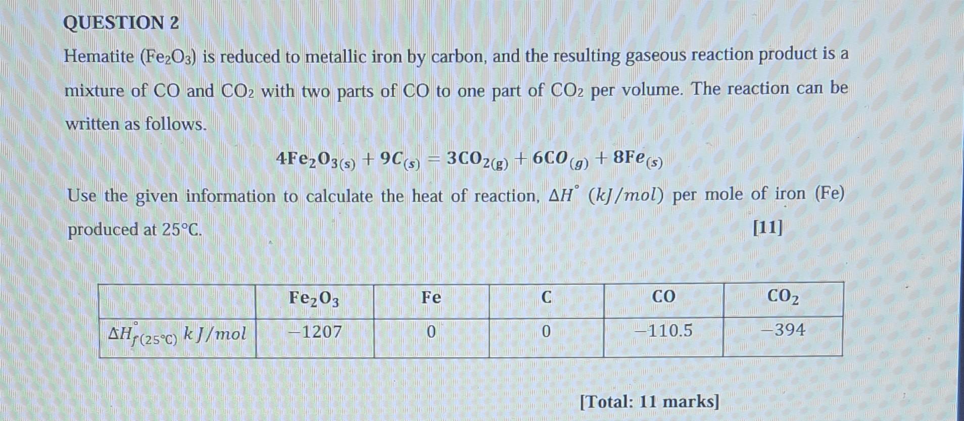 Solved Hematite (Fe2O3 ) is reduced to metallic iron by | Chegg.com