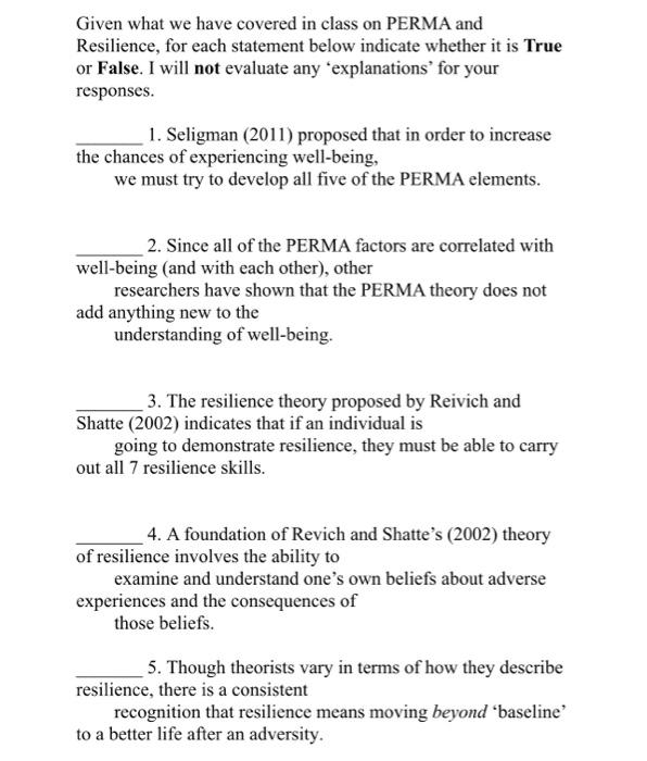 Solved Given what we have covered in class on PERMA and | Chegg.com