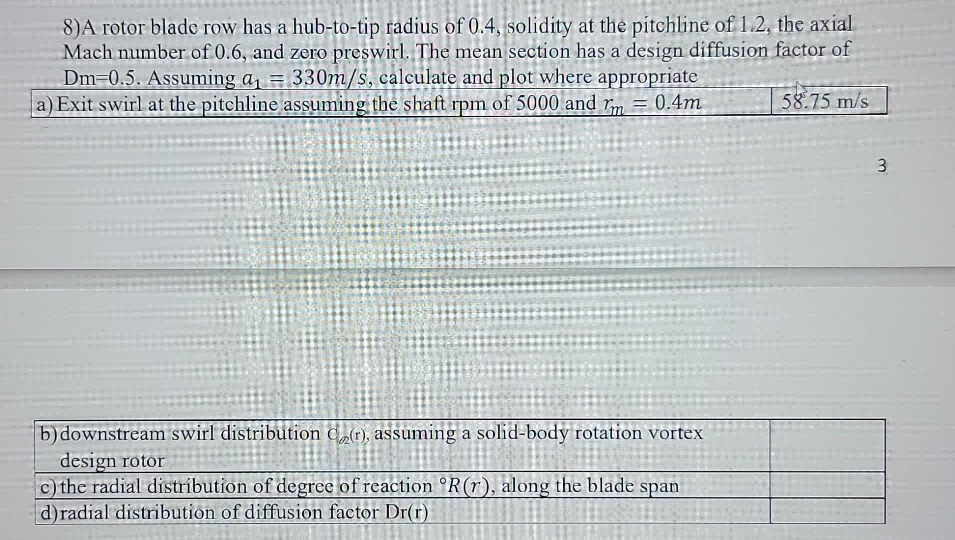 8) A rotor blade row has a hub-to-tip radius of 0.4, | Chegg.com