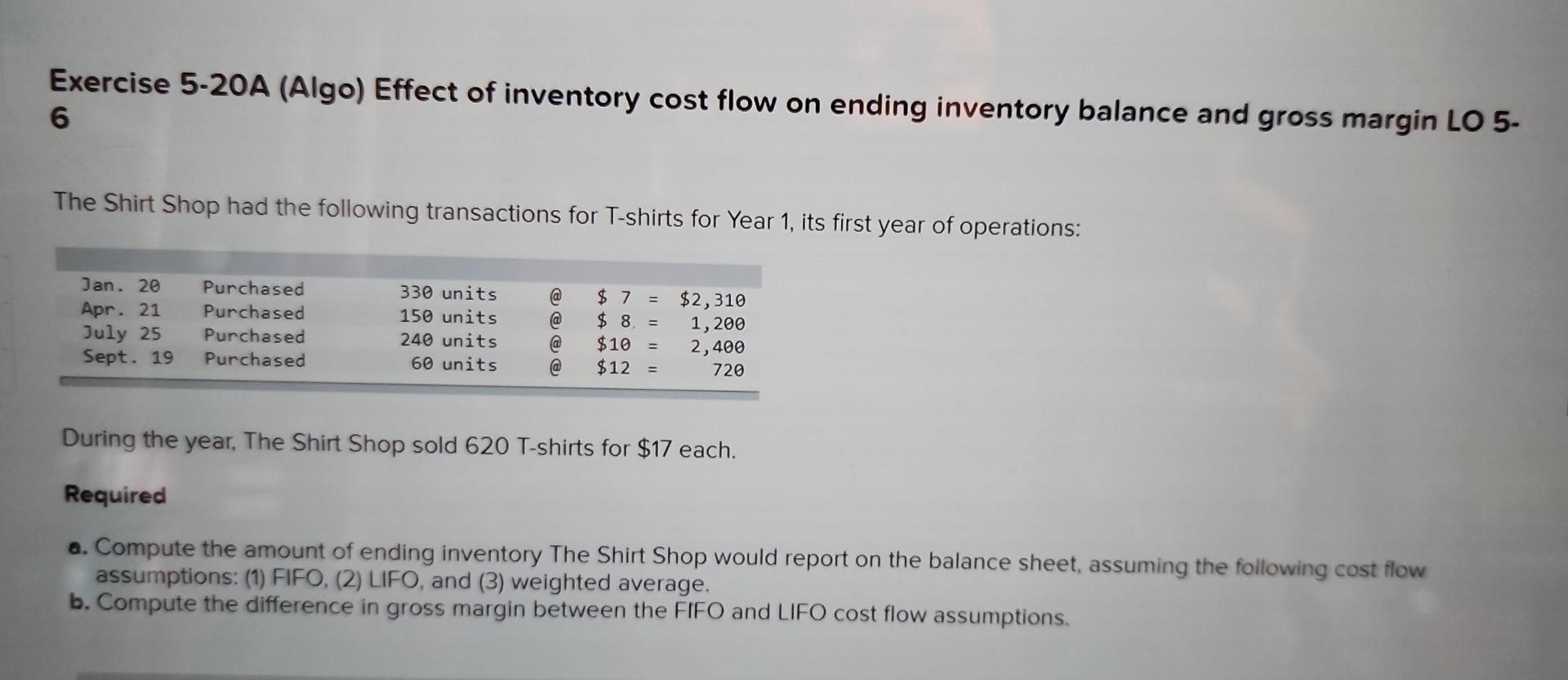 Solved Exercise 5-20A (Algo) Effect of inventory cost flow | Chegg.com