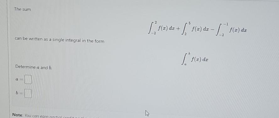 Solved The sum∫-22f(x)dx+∫25f(x)dx-∫-2-1f(x)dxcan be written | Chegg.com