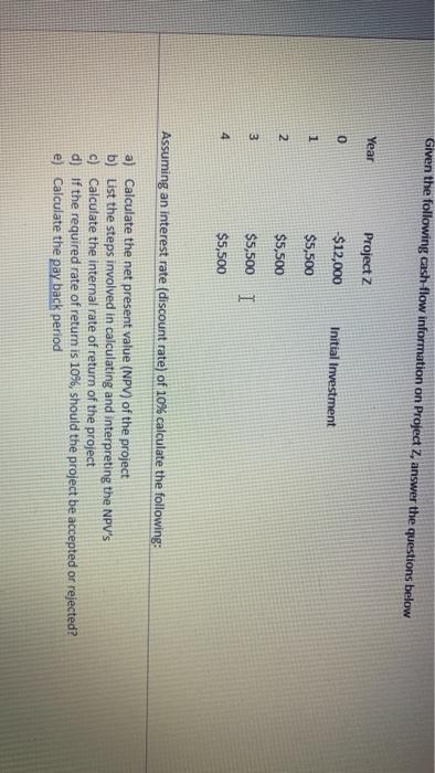 Solved Given the following cash flow information on Project | Chegg.com