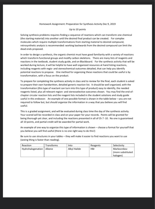 Homework Assignment: Preparation for Synthesis | Chegg.com