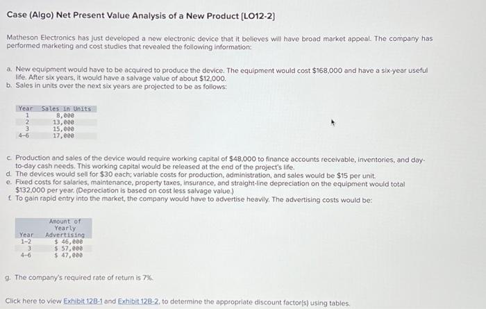 Solved Case (Algo) Net Present Value Analysis of a New | Chegg.com