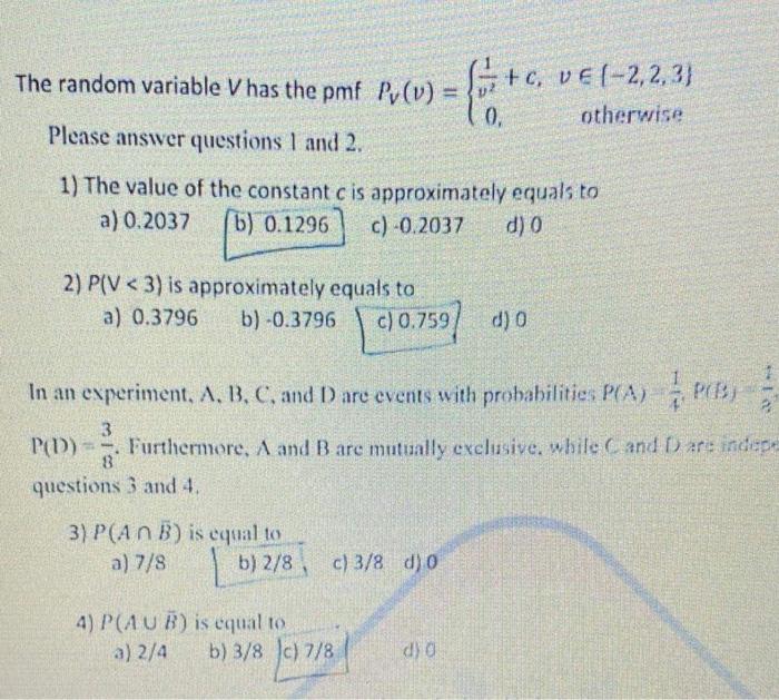 Solved The random variable V has the pmf | Chegg.com