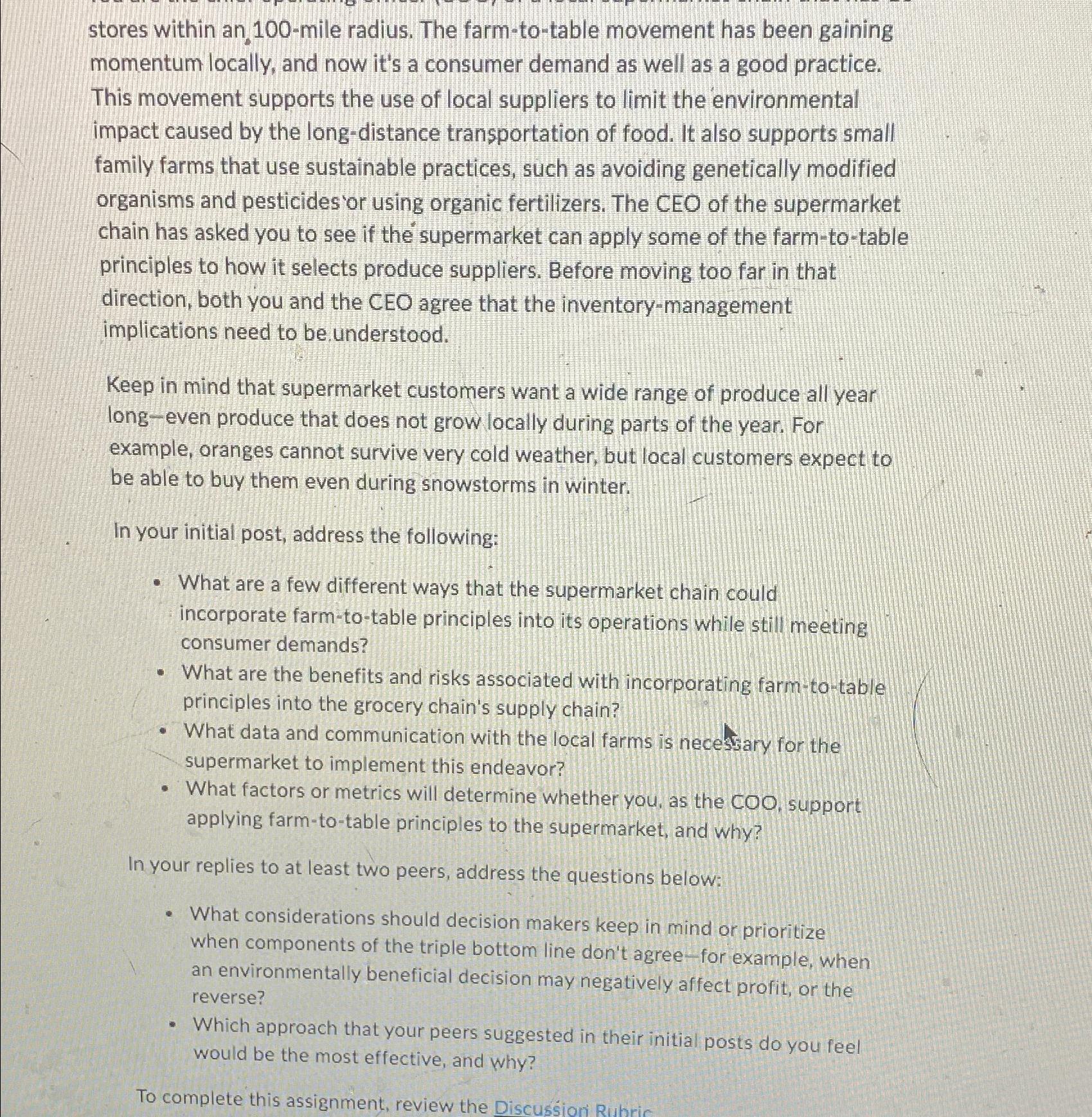 Solved stores within an 100 -mile radius. The farm-to-table | Chegg.com