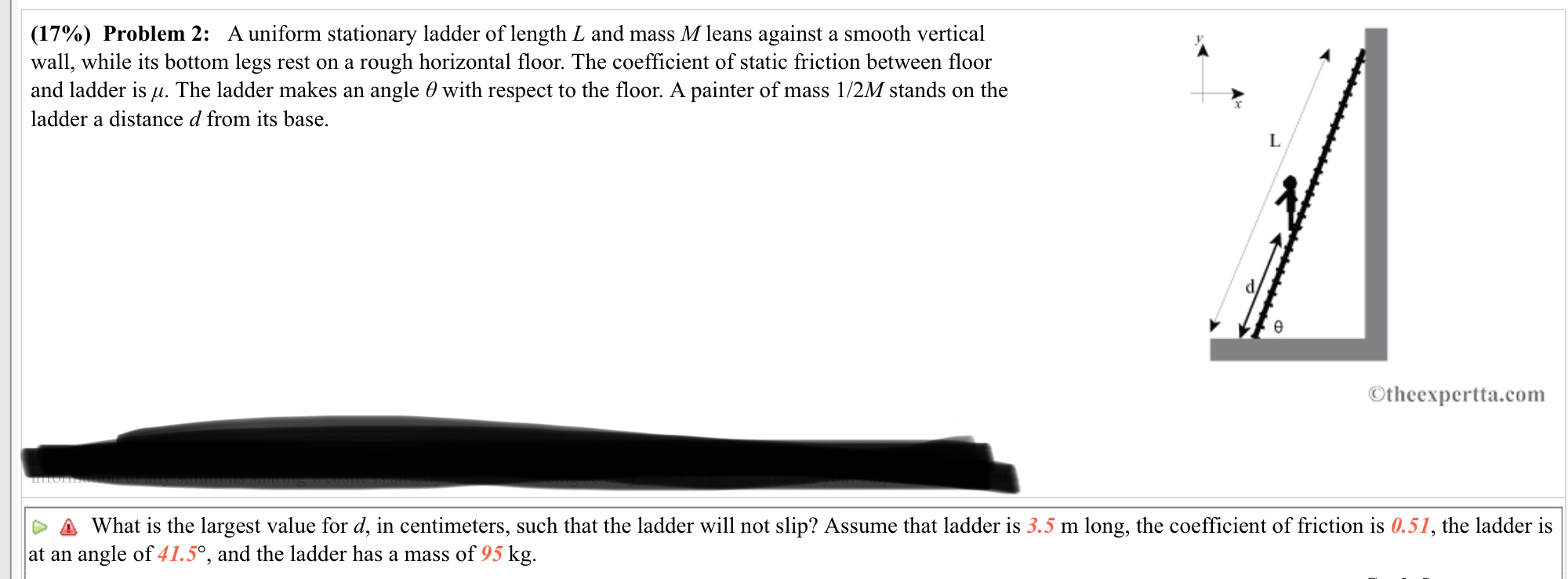 Solved (17%) ﻿Problem 2: A uniform stationary ladder of | Chegg.com