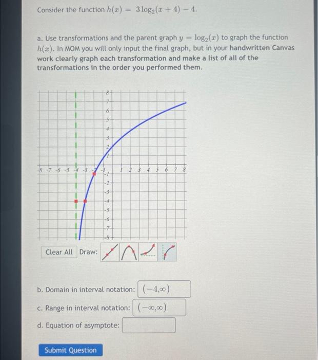 Solved Consider the function h(x)=3log2(x+4)−4. a. Use | Chegg.com