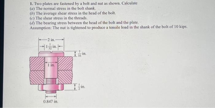 Solved 1. Two plates are fastened by a bolt and nut as | Chegg.com