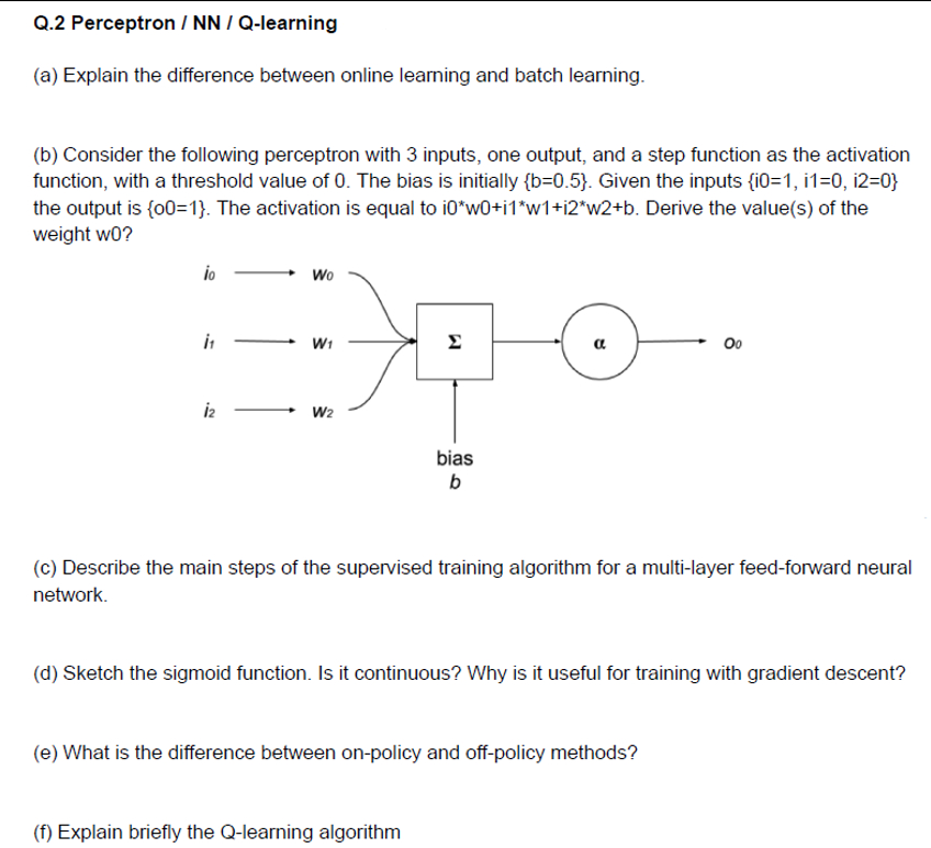 Solved Q. 2 ﻿Perceptron / ﻿NN / ﻿Q-learning (check the | Chegg.com