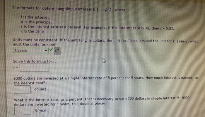 Solved The formula for determining simple interest is = prt | Chegg.com