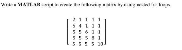 Solved Write a MATLAB script to create the following matrix | Chegg.com