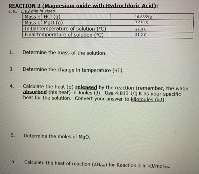 Solved REACTION 2 (Magnesium oxide with Hydrochloric Acid): | Chegg.com