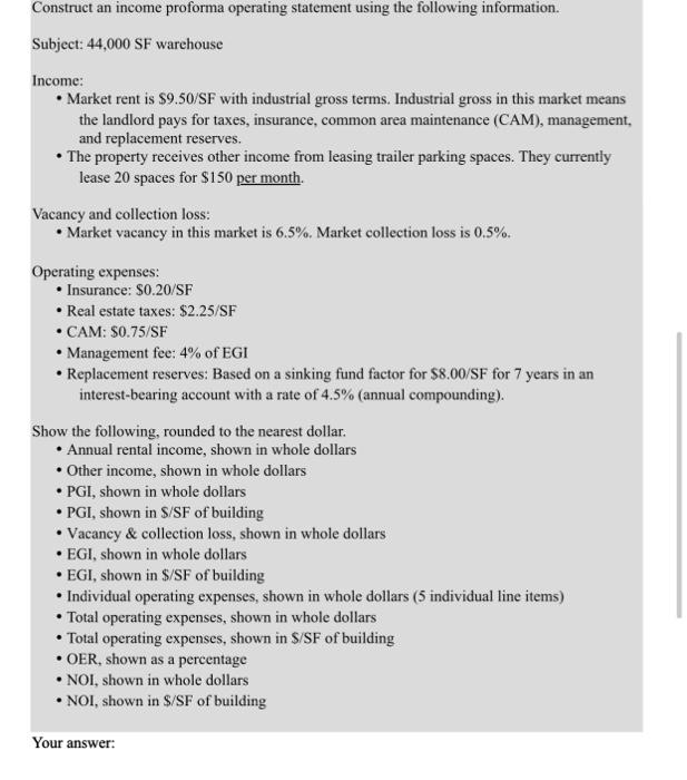 Solved Construct an income proforma operating statement | Chegg.com