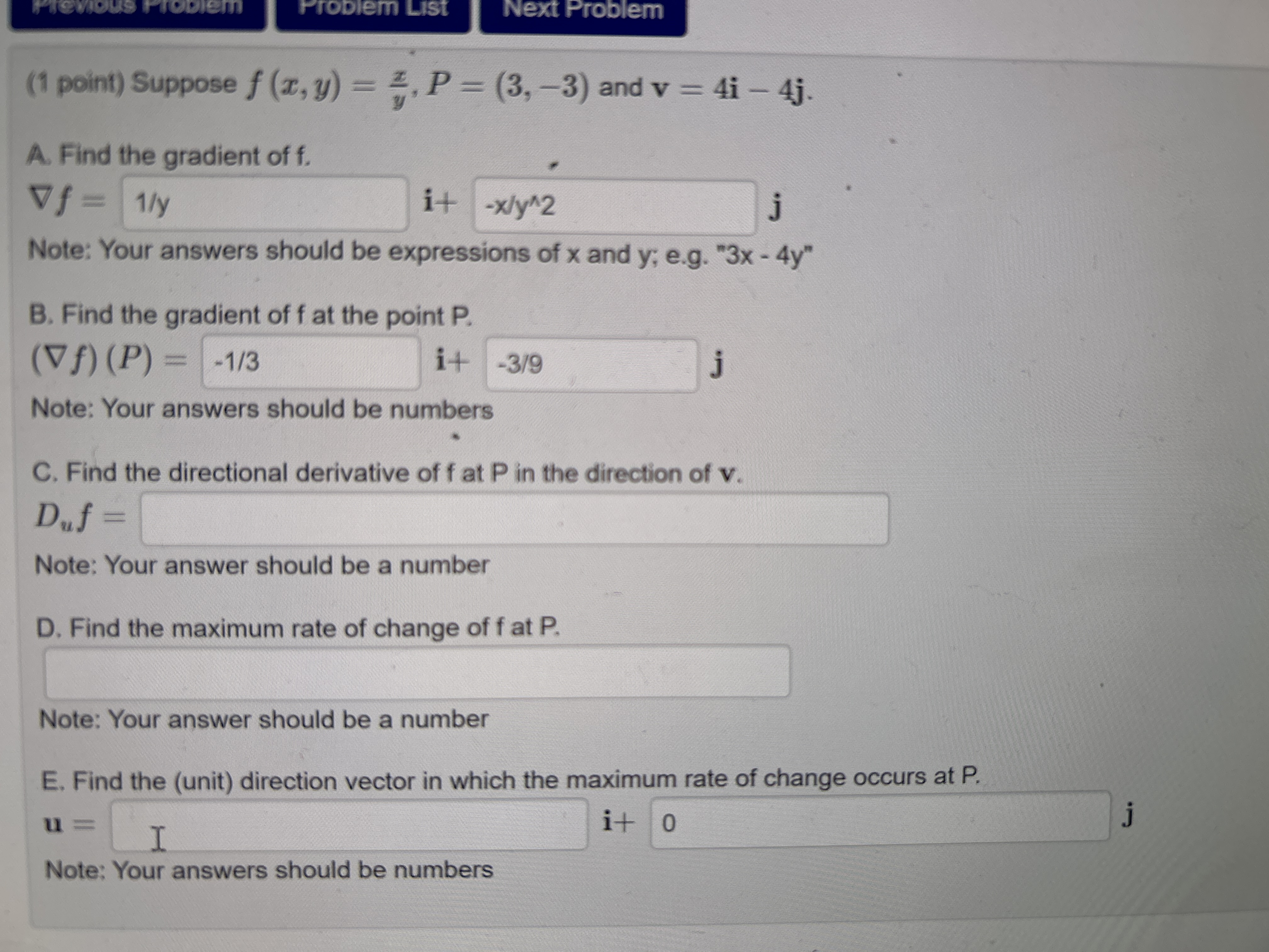 Solved (1 ﻿point) ﻿Suppose f(x,y)=xy,P=(3,-3) ﻿and | Chegg.com