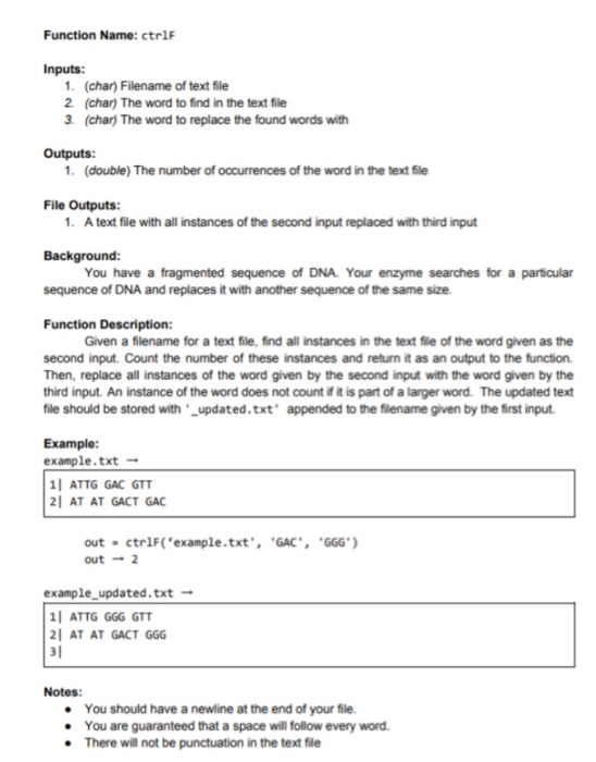 Solved Function Name: ctrlf Inputs: 1. (char) Filename of | Chegg.com