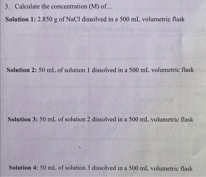 Solved 3. Calculate the concentration (M) of... Solution 1: | Chegg.com