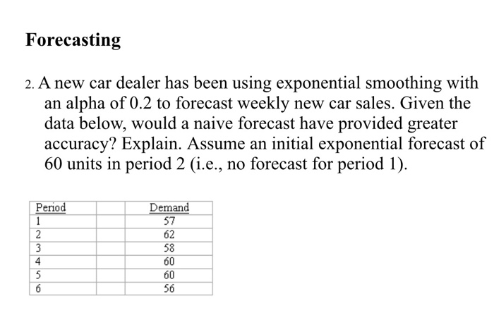 Solved Forecasting 2. A new car dealer has been using | Chegg.com