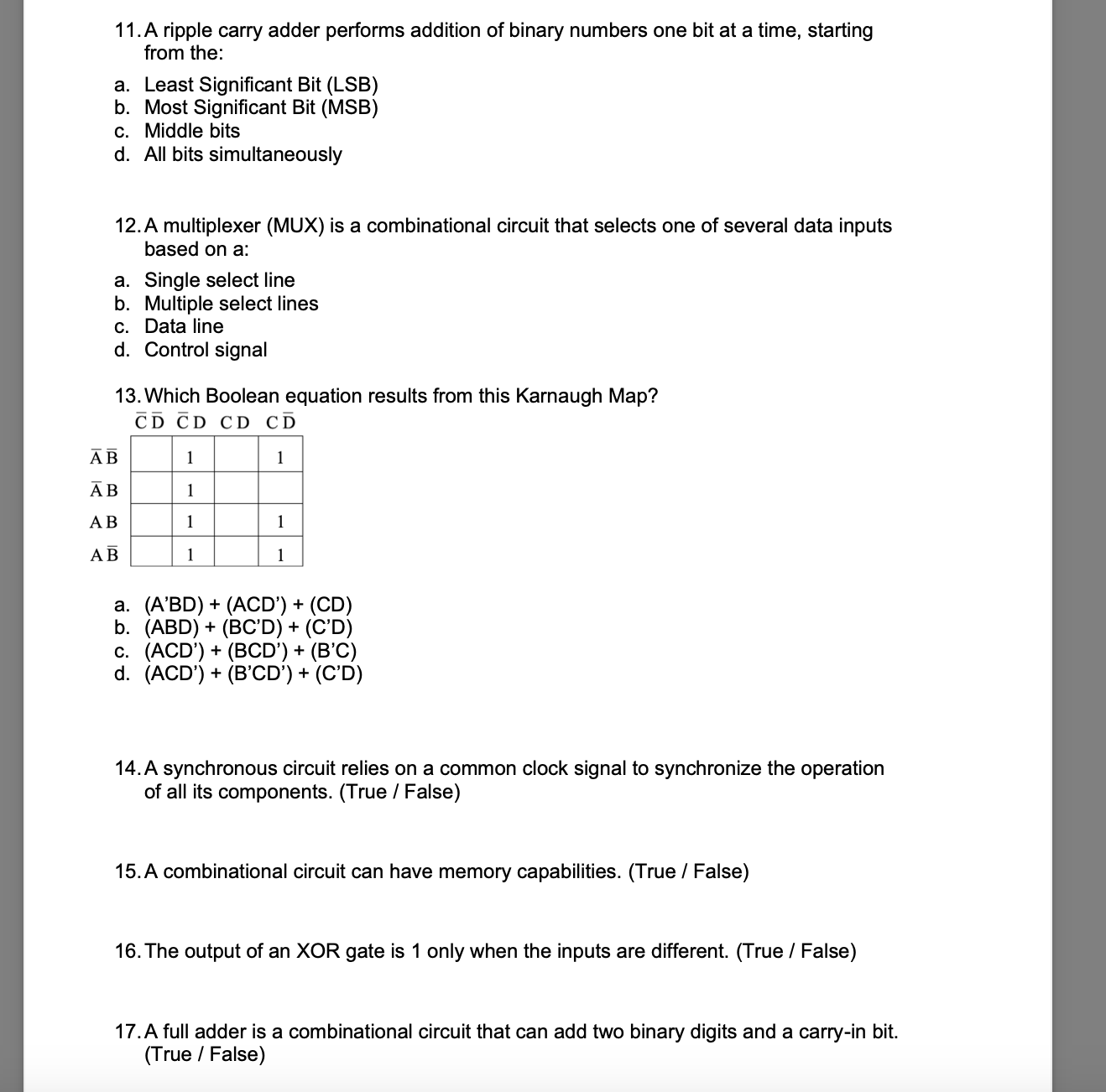 Solved A ripple carry adder performs addition of binary | Chegg.com