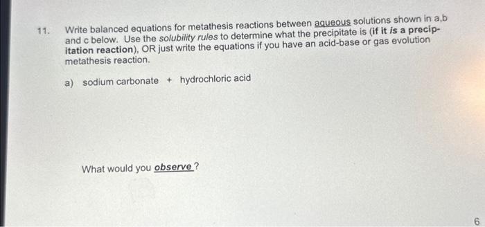 Solved 1. Write balanced equations for metathesis reactions | Chegg.com