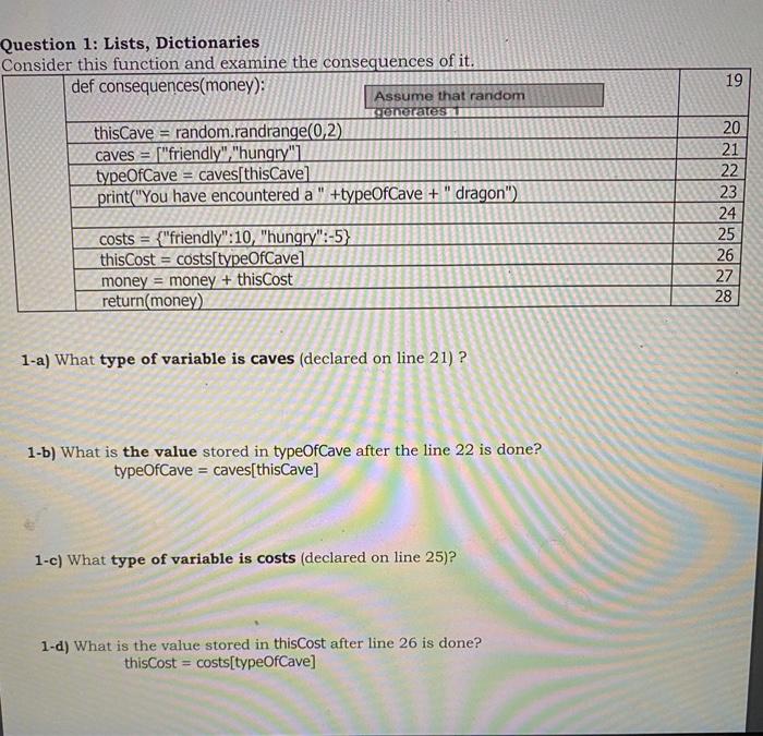 Solved Question 1: Lists, Dictionaries 1-a) What type of | Chegg.com