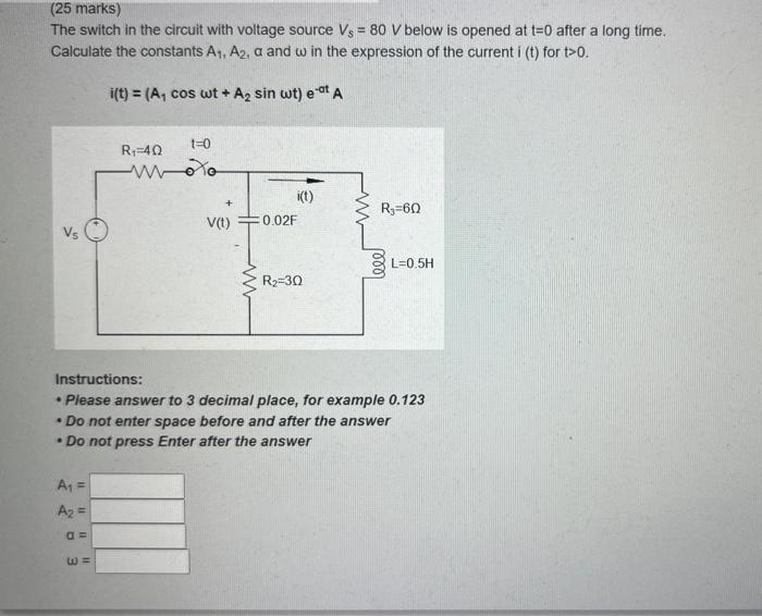 Solved The switch in the circuit with voltage source Vs=80 V | Chegg.com