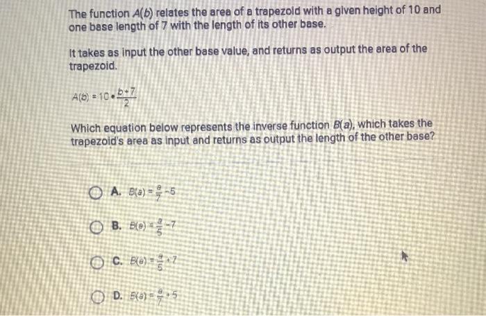 Solved The function A(b) relates the area of a trapezoid | Chegg.com