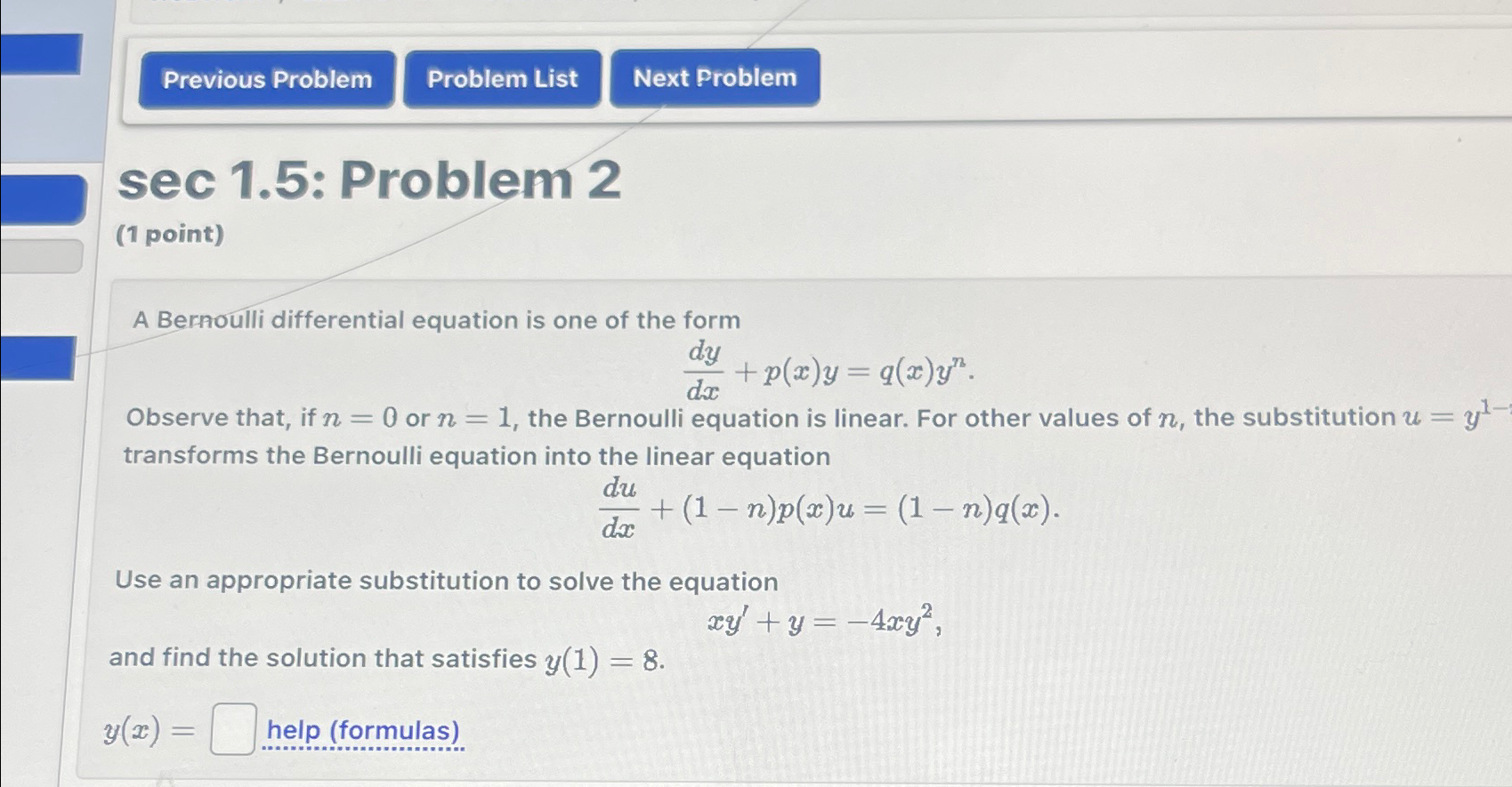 Solved sec 1.5: Problem 2(1 ﻿point)A Bernoulli differential | Chegg.com