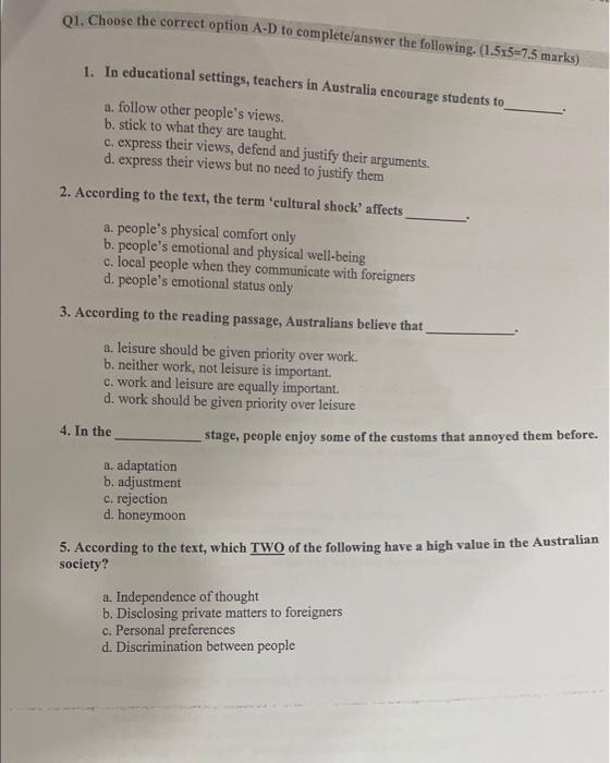 [Solved]: Part I: Reading Comprehension. (20 marks) Read th