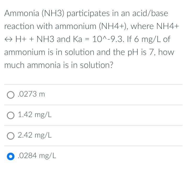 Solved Ammonia (NH3) participates in an acid/base reaction | Chegg.com