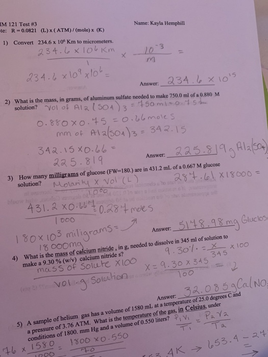 Solved Name: Kayla Hemphill IM 121 Test #3 te: R -0.0821 | Chegg.com