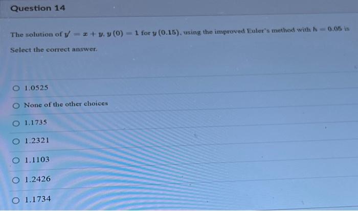 Solved The solution of y′=x+y,y(0)=1 for y(0.15), using the | Chegg.com