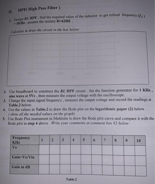 Solved II. HPF( High Pass Filter) 1. Design RL HPF, find the | Chegg.com