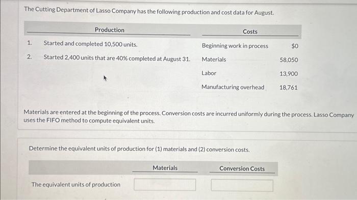 Solved The Cutting Department of Lasso Company has the | Chegg.com