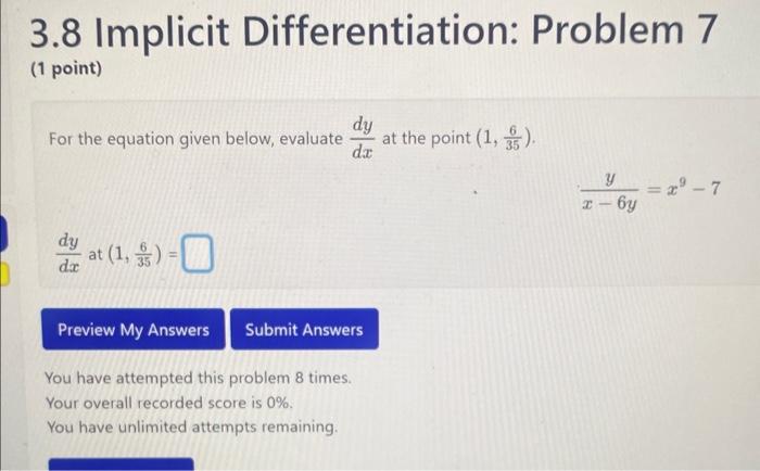 Solved 3.8 Implicit Differentiation: Problem 7 (1 point) For | Chegg.com