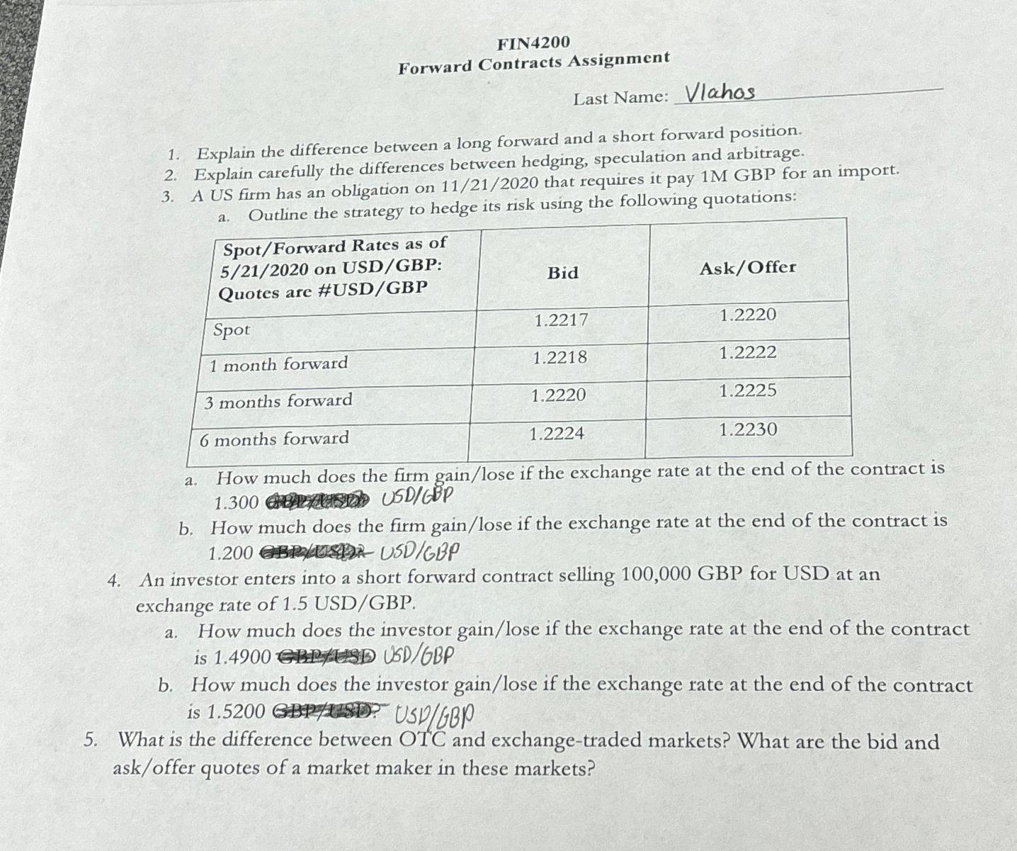 Solved FIN4200Forward Contracts AssignmentLast Name: | Chegg.com