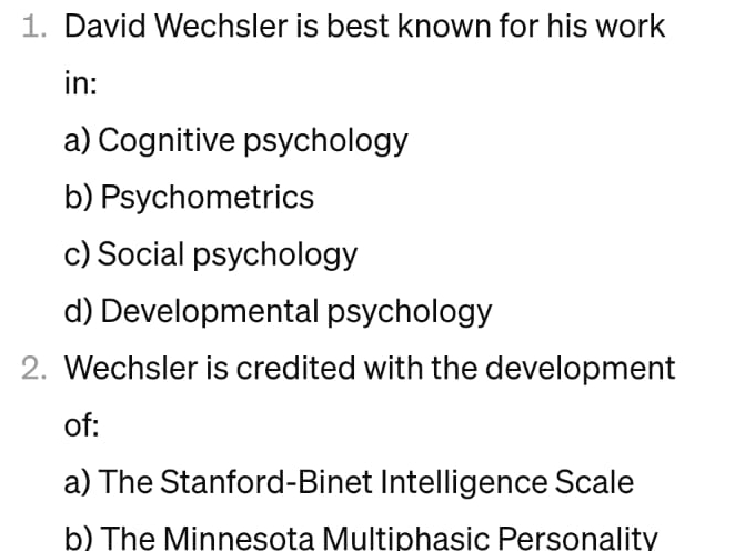 Solved David Wechsler is best known for his work in:a) | Chegg.com