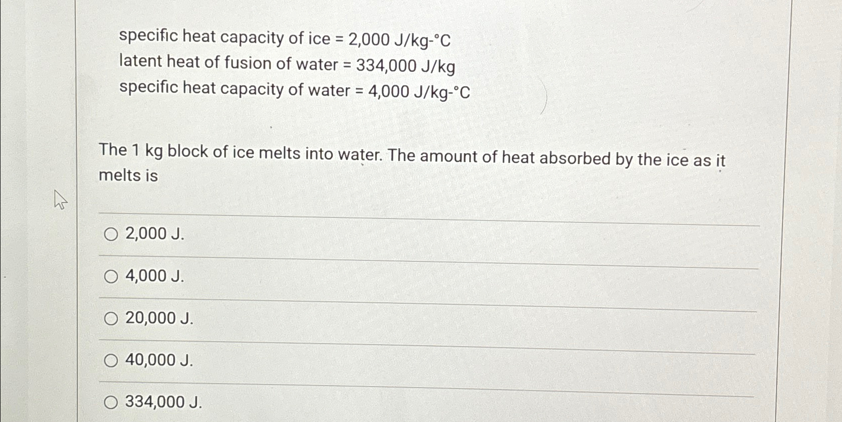 Solved specific heat capacity of ice =2,000Jkg-°Clatent heat | Chegg.com
