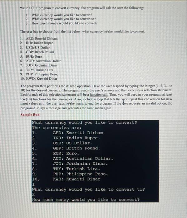 Solved Write a C+ program to convert currency, the program | Chegg.com