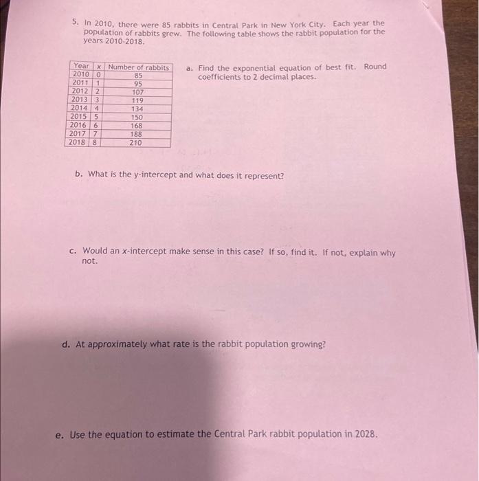 Solved 5. In 2010, there were 85 rabbits in Centrat Park in | Chegg.com