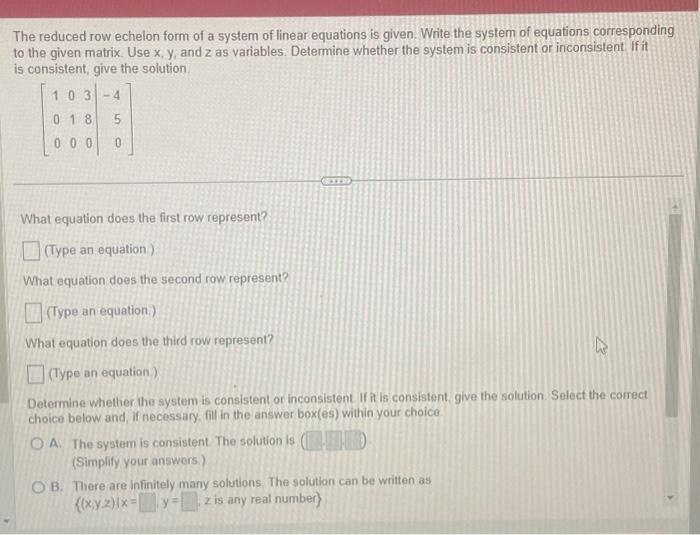 Solved The reduced row echelon form of a system of linear | Chegg.com