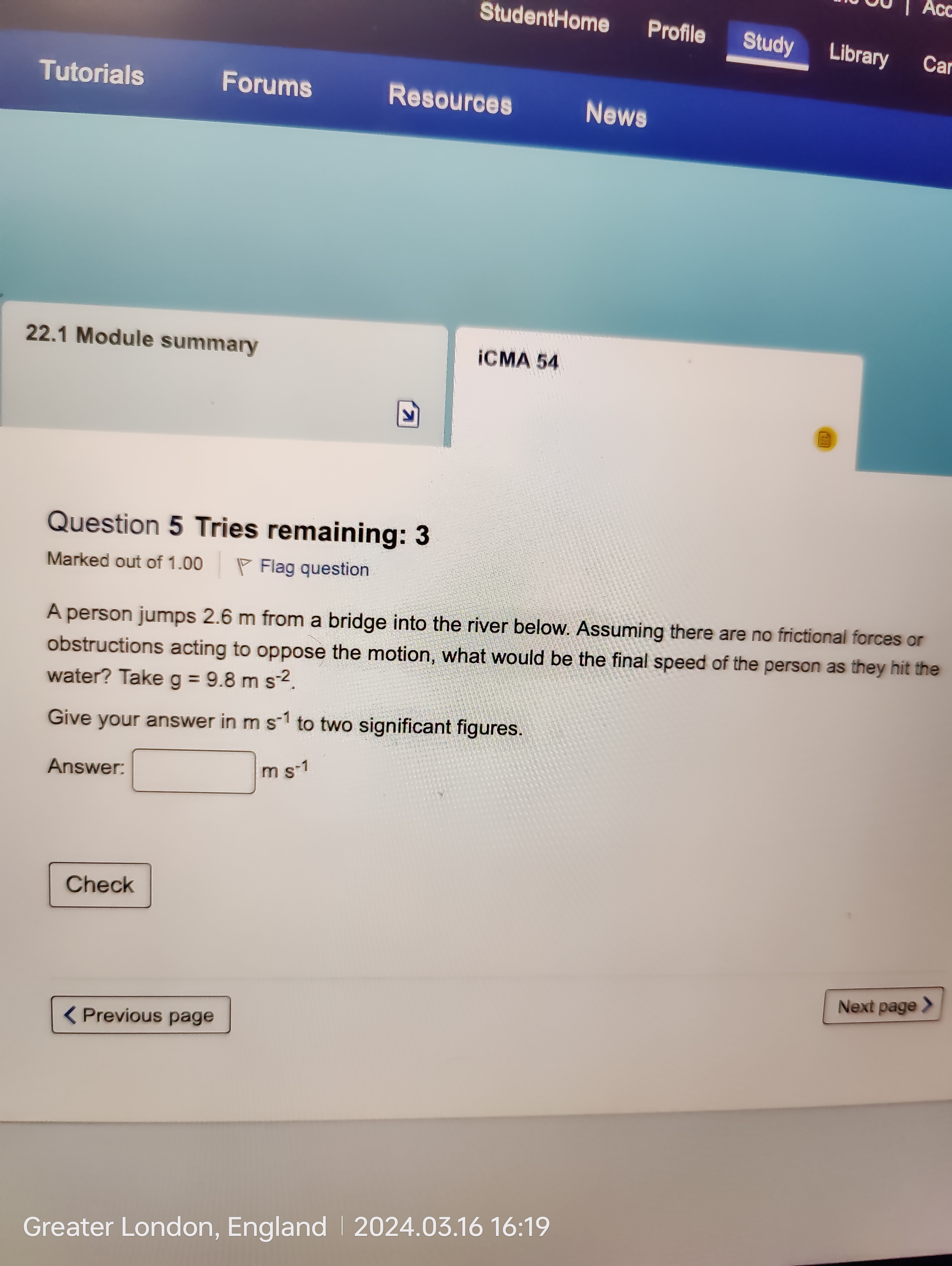 Solved Question 5 ﻿Tries remaining: 3A person jumps 2.6m | Chegg.com