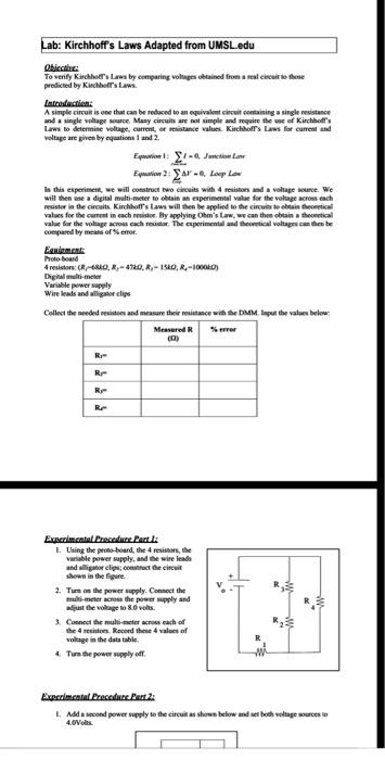 Solved Lab: Kirchhoff's Laws Adapted from UMSL.edu Obiect: | Chegg.com