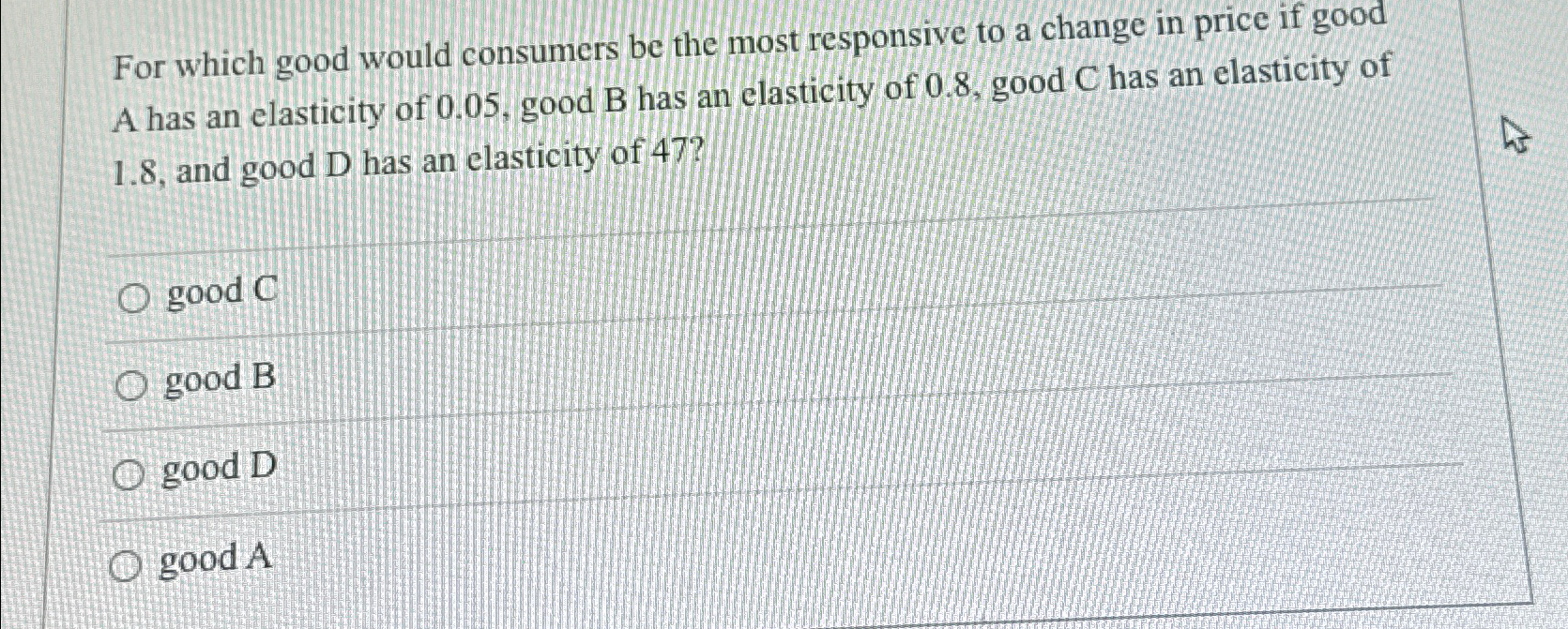 Solved For which good would consumers be the most responsive | Chegg.com