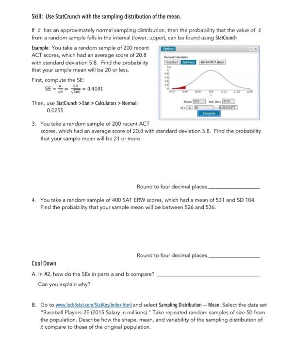 Skill: Use StatCrunch with the sampling distribution | Chegg.com