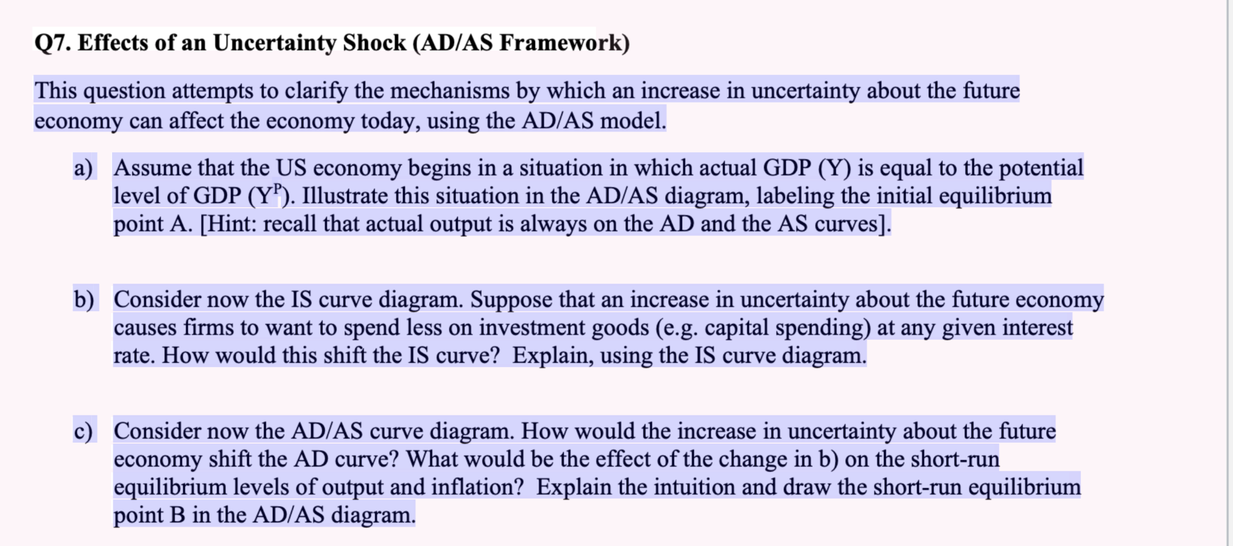 Solved Q7. ﻿Effects of an Uncertainty Shock (AD/AS | Chegg.com