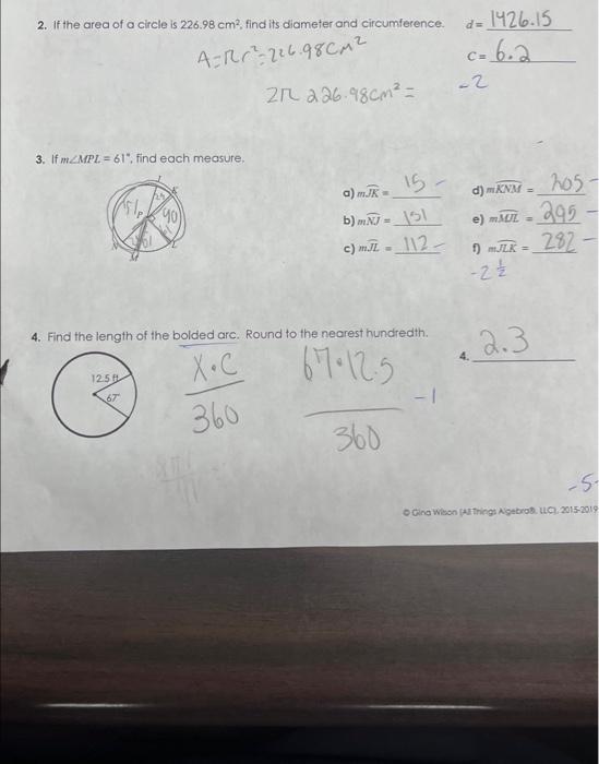 Solved 2. If the area of a circle is 226.98 cm2, find its | Chegg.com