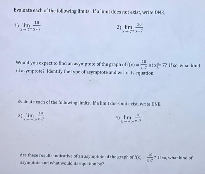 Solved Evaluate each of the following limits. If a limit | Chegg.com