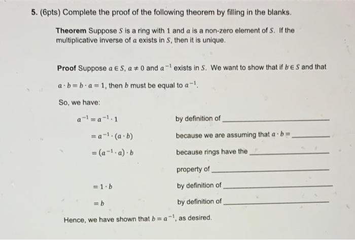 Solved Theorem Suppose S is a ring with 1 and a is a | Chegg.com